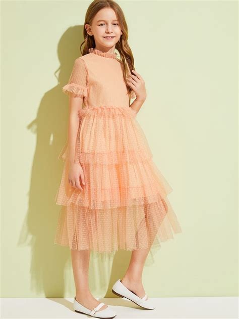 SHEIN Girls Frill Neck Tiered Layer Swiss Dot Mesh Dress | Kids dress ...