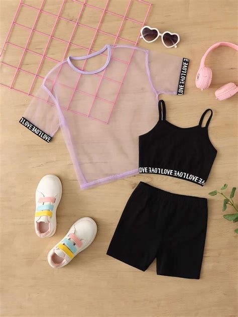 SHEIN Toddler Girls Contrast Letter Tape Mesh Tee & Shorts & Camisole ...