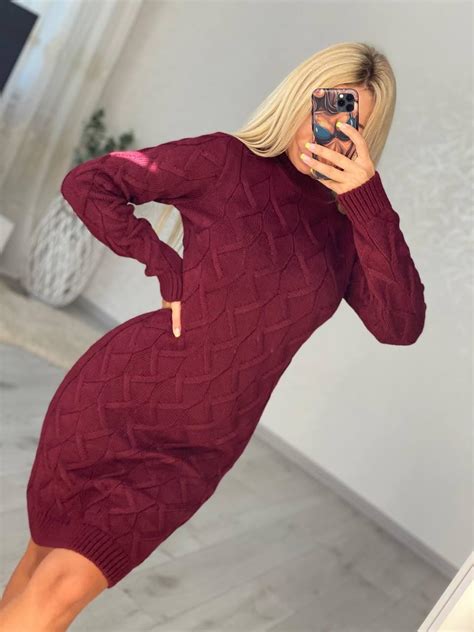Женское Вязаное Платье Зигзаг Бордовое Полушерстяное Длина до Колена ...