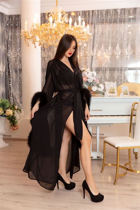 Черный Шифон Марабу Перо Будуар Халат, Перо платье, материнства ...