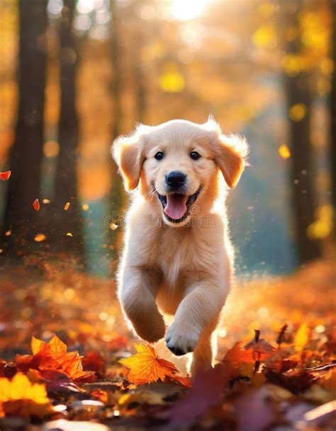 Energetic Golden Retriever Puppy Running Autumn Leaves Stock Photos - Free & Royalty-Free Stock ...