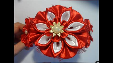 Красный ободок для волос Канзаши / kanzashi flowers tutorial - YouTube