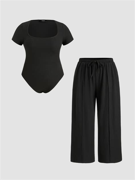 Knit Fabric U-neckline Bodysuit & Elastic Waist Wide Leg Pants Set ...