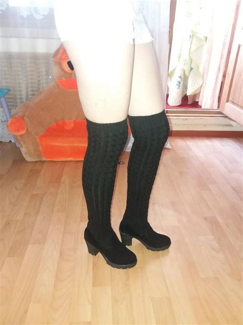 Женские вязаные шерстяные сапоги на высоком каблуке с толстым низом до ...