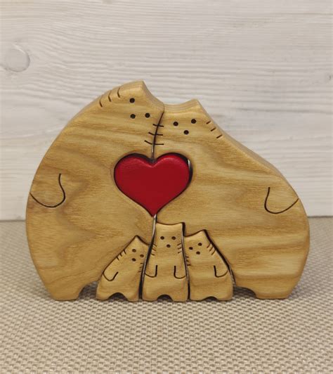 Фигурки из дерева Влюбленные коты с тремя котятами | Wood art design ...