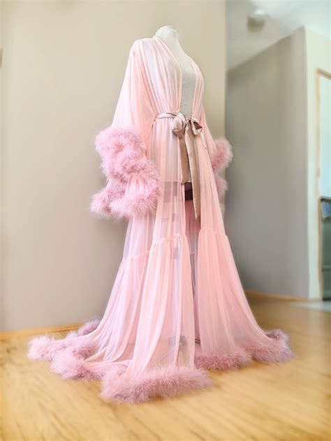 Dusty Pink Robe With Marabou Feather Trim Long - Etsy