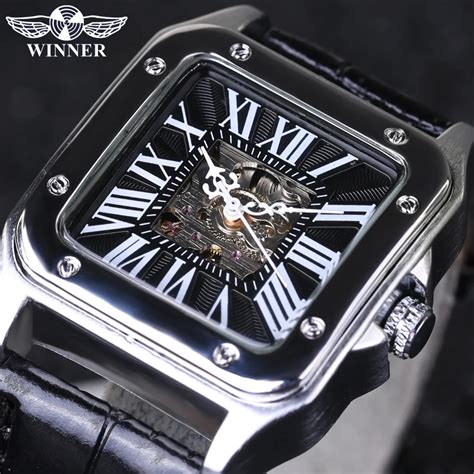 Winner Skeleton Watch Men Automatic Mechanical Watches Black Leather ...