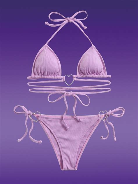 Purple Cute Polyester Plain Bikinis Embellished High Stretch Women ...