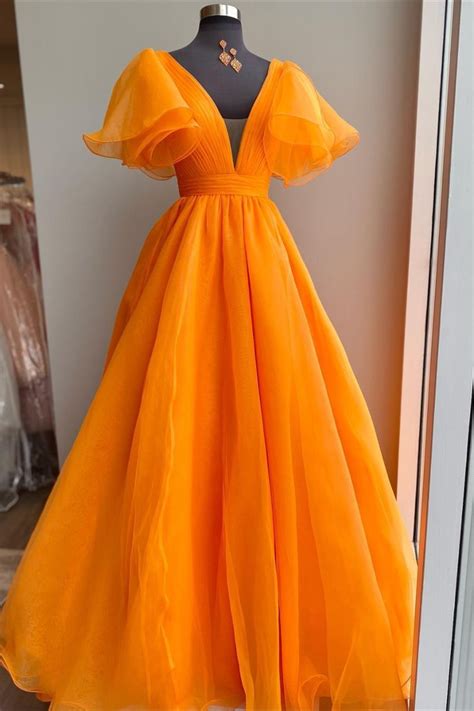 Orange A-line Long Formal Dress with Flutter Sleeves | Orange formal ...