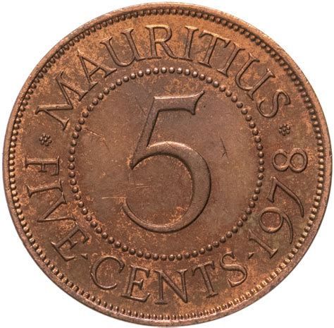 Монета Маврикий 5 центов (cents) 1978 стоимостью 466 руб.