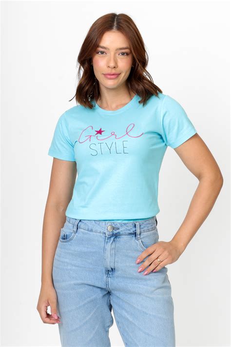 T-SHIRT GIRL STYLE BORDADO - AZUL CAPRI | Atacado Tshirt | Use Criativa