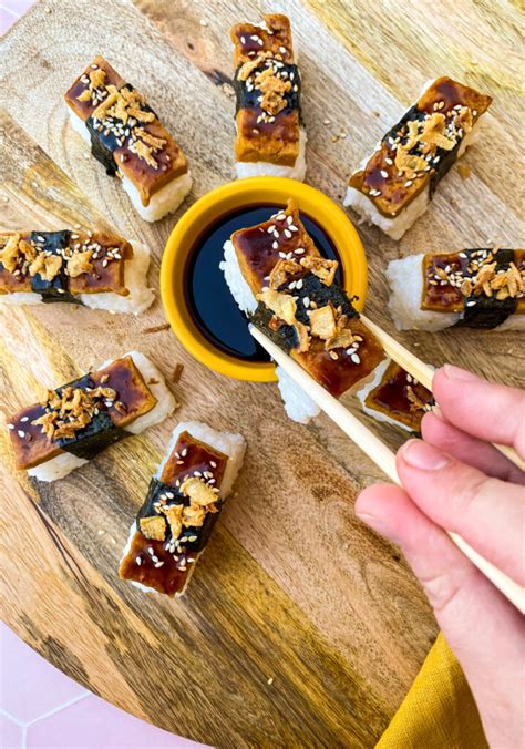 Super delicious tofu nigiri with garlic soy sauce