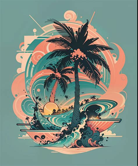 картина плаката с пальмой и волной - SeaArt AI