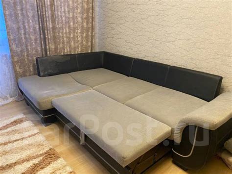 Уютный угловой диван, кожзам, ящик для белья, чёрный, серый, 265,0 см ...