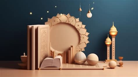 3d вечерняя концептуальная сцена рамадана с декором в виде полумесяца ...