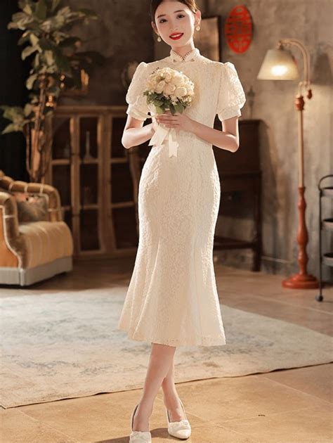 White Lace Fishtail Wedding Cheongsam / Qipao Dress with Puff Sleeve ...