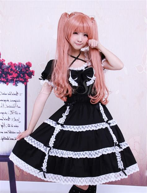 Free Shipping Cotton Black Lace Bow Short Sleeves Gothic Lolita Dress ...