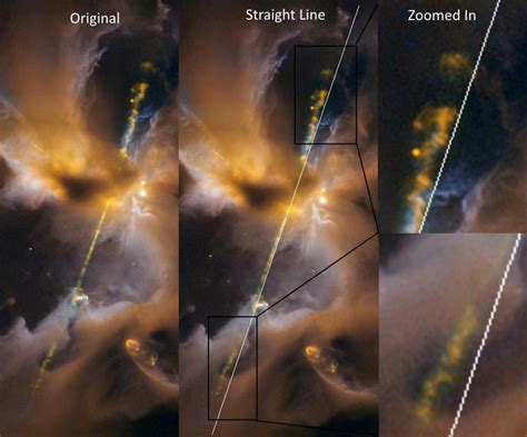 astronomy - Why are the jets of the "light saber" star slightly curved ...