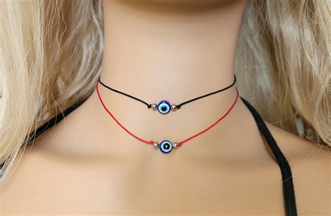 Evil Eye Cord Necklace Choker Black Leather Choker, Black Choker, Short ...