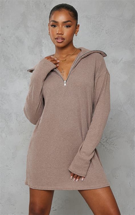 Mocha Rib High Neck Half Oversized Jumper Dress | Dresses | PLT IRE