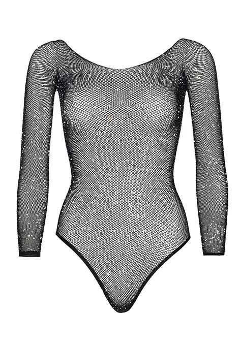 Crystalized Long Sleeved Fishnet Thong Bodysuit