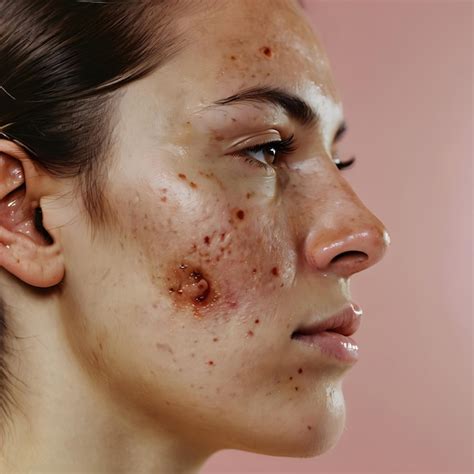 Woman with visible acne and acne scars on her cheek and forehead | Premium AI-generated image
