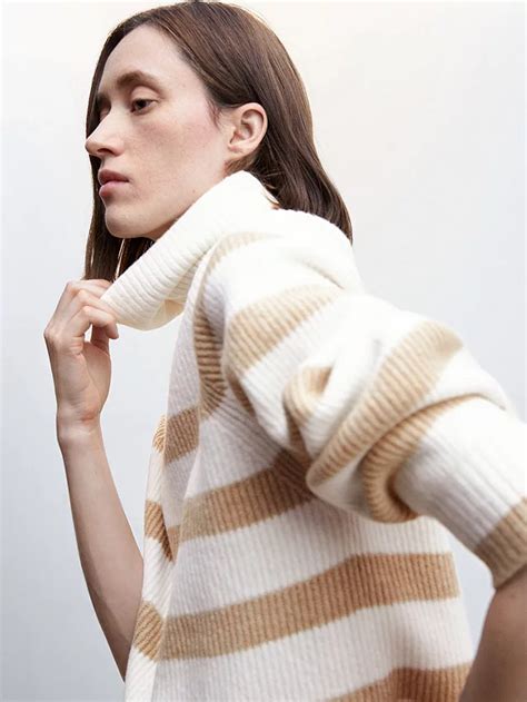 Mango Merlin Stripe Roll Neck Jumper, Sand/Cream, XXS