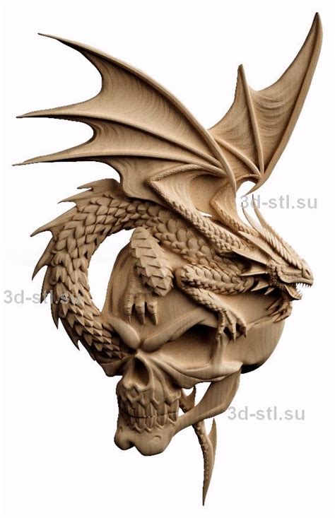 3d stl модель-барельеф №70 Дракон и череп | Череп, Модели, Дракон