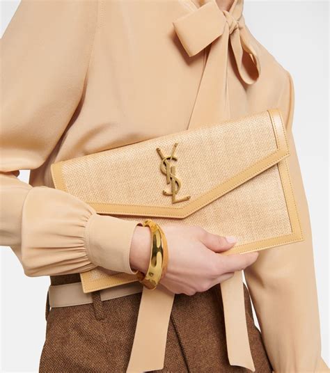 Uptown Raffia And Leather Clutch in Neutrals - Saint Laurent | Mytheresa