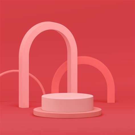 3d красный цилиндр подиум пьедестал с аркой стены фона реалистичная ...