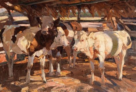 Solve Three Calves at the Feed, Oil on Canvas, Heinrich Von Zugel, 1912 ...