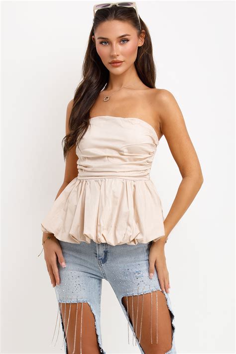 Women's Puff Ball Bandeau Top Beige Summer Occasion Outfit – Styledup.co.uk