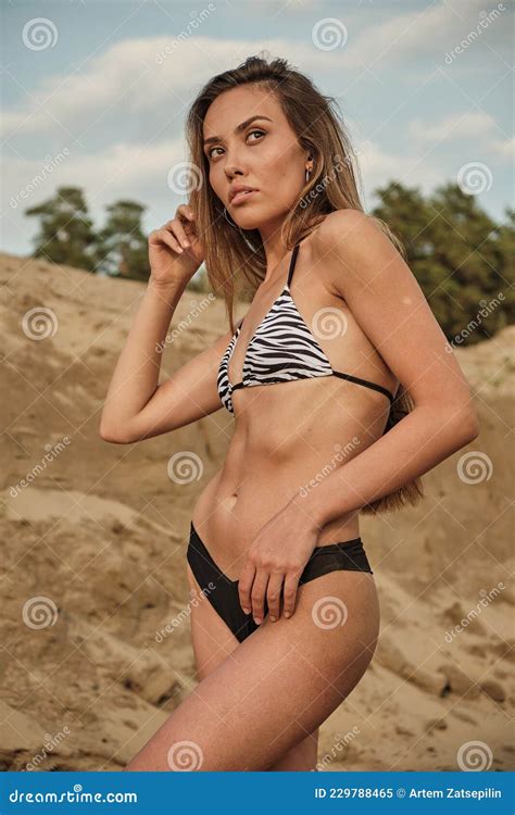 Fit Seductive Woman in Bikini Relaxing, Sunbathing Alone at Sandy Beach ...