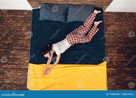 Top View. Young Girl with Snorkel in Mouth Imitates Scuba Diving, Lying ...