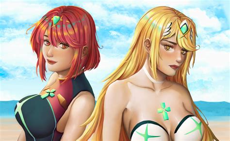 Swimsuit Pyra and Mythra - Xenoblade Chronicles 2 by BoinBoing on DeviantArt