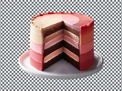 Вкусный неаполитанский торт с вырезанным ломтиком на прозрачном фоне ...