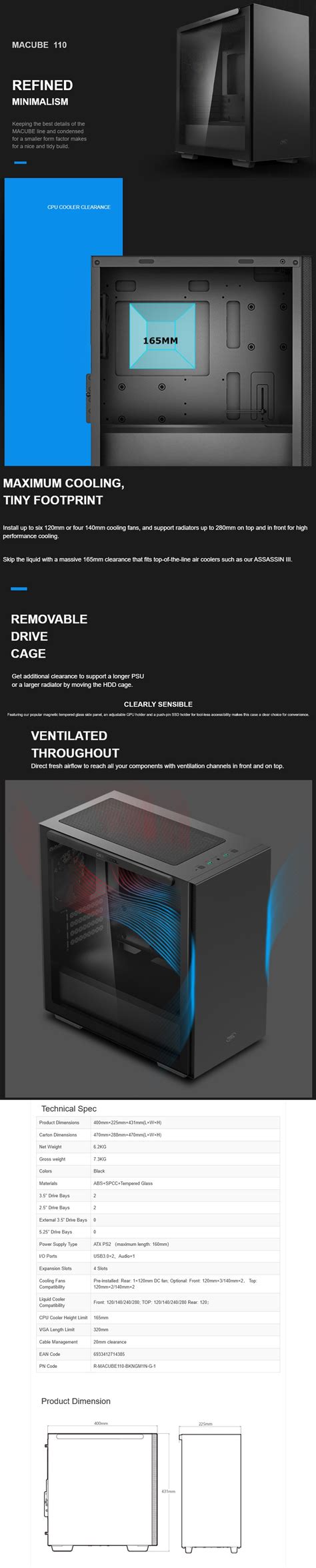 Deepcool MACUBE 110 Tempered Glass Mini Tower Micro-ATX Case - Black ...
