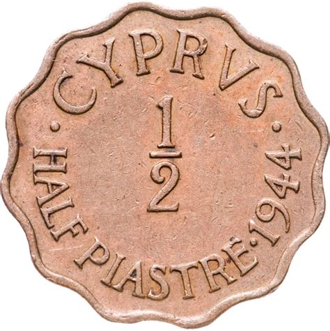 Монета Кипр 1/2 пиастра (piastre) 1944 стоимостью 750 руб.