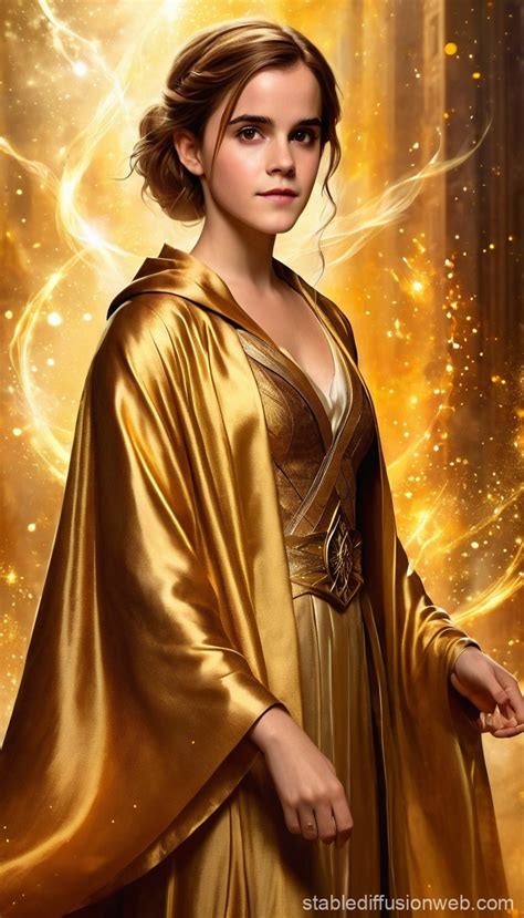 emma watson as hermione granger in gryffindor robes on a golden background Prompts | Stable ...