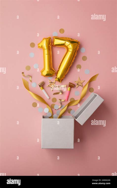Number 17 birthday balloon celebration gift box lay flat explosion ...