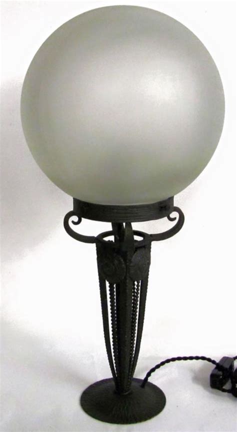 Art Deco Table Lamp with Wrought Iron Base and Frosted Glass Globe