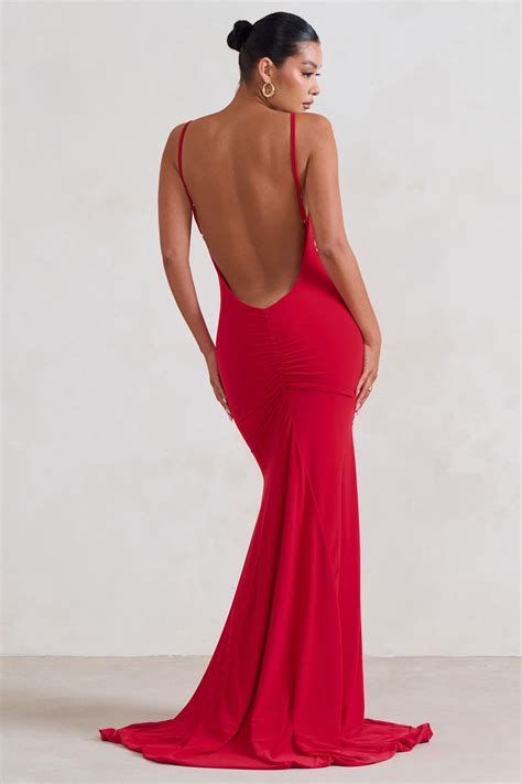 Adele Red Ruched Fishtail Cami Maxi Dress – Club L London - UK