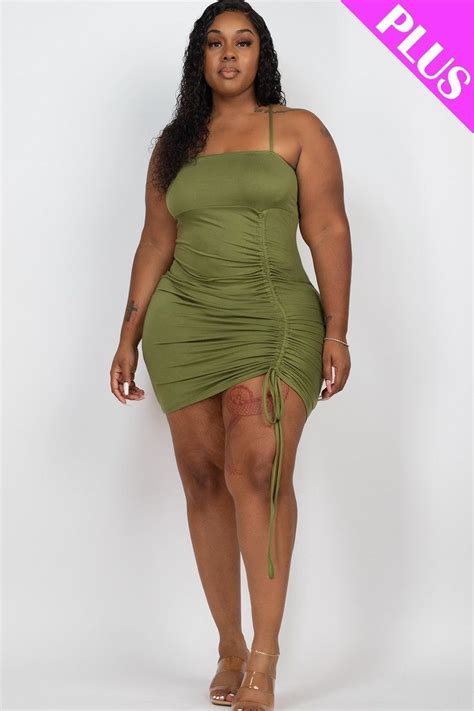 Capella | Plus Adjustable Ruched Detail Curvy Mini Dress in Olive - 1XL ...
