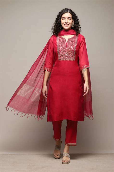 Fuchsia Poly Cotton Straight Kurta Pant Suit Set at Biba India