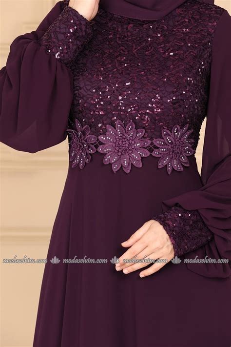 moda selvim Aksesuar Çiçekli Tesettür Abiye PN2046 Mürdüm | Elbise ...