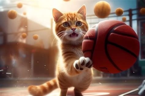 Premium Photo | A cat playing basketball with a ball on the floor.