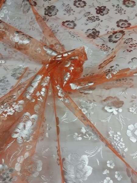 Ткань органза " Розы серебро"(ткань для шитья) цв. оранжевый 100х150 см ...