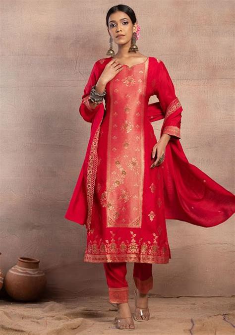 Fuchsia Pink Hand Embroidered Jacquard Straight Kurta With Pants And ...