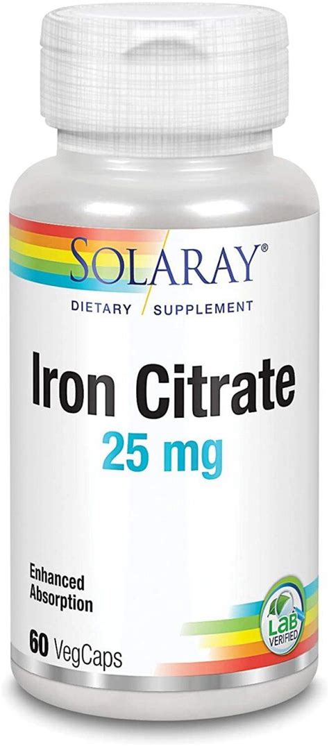 Цитрат железа, Iron Citrate, Solaray, 25 мг, 60 вегетарианских капсул ...