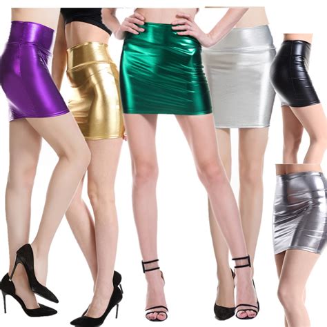 Shiny PU Leather Bodycon Mini Skirt Sexy Women Skinny High Waist Pencil ...